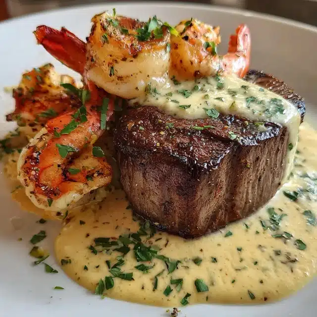 Surf And Turf With Creamy Garlic Sauce Flavor Smile